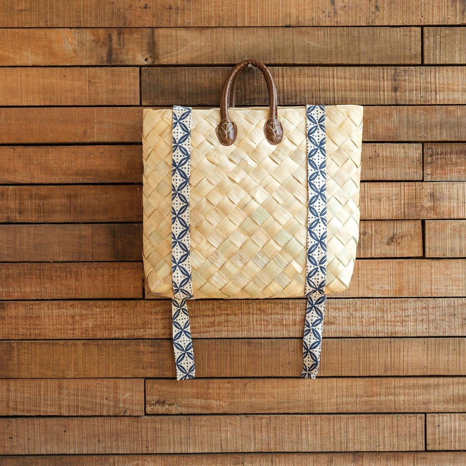 Handwoven Backpack with Handcrafted Leather Handles & Handprinted Stra ...